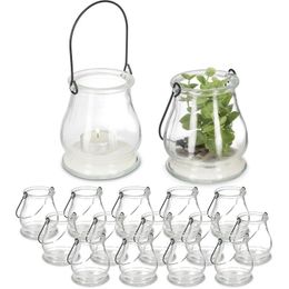 Windlicht, 16er Set, aus Glas, mit Henkel, innen & außen, Teelichthalter, HxD 10 x 8,5 cm, transparent/schwarz - Relaxdays