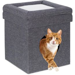 Sitzhocker mit Katzenhöhle, faltbar, HxBxT: 43x39x39 cm, Kissen, Deckel, kuscheliges Katzenbett, grau/weiß - Relaxdays