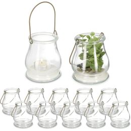 Windlicht, 12er Set, aus Glas, mit Henkel, innen & außen, Teelichthalter, HxD: 10 x 8,5 cm, transparent/gold - Relaxdays
