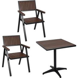 2er-Set Gartenstuhl+Gartentisch HHG 861, Stuhl Tisch, Gastro Outdoor-Beschichtung, Alu Holzoptik schwarz, dunkelbraun - brown