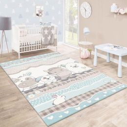 Paco Home - Kinderteppich Kinderzimmer Konturenschnitt Farm Tiere Beige Creme Pastellfarben ø 120 cm Rund