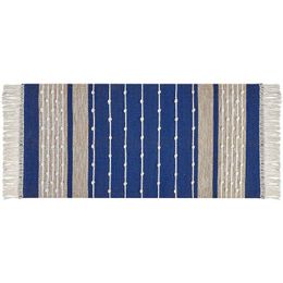 Beliani - Teppich Marineblau / Beige Baumwolle 80 x 150 cm Rechteckig Streifenmuster Boho Läufer mit Fransen Fußbodenheizug Geeignet Wohnzimmer Flur