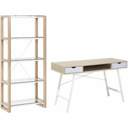 Beliani - Büromöbel-Set Weiß / Heller Holzfarbton 2-teilig Schreibtisch & Bücherregal Modern Skandi Arbeitszimmer Büro Heimbüro Komplett-Set Home