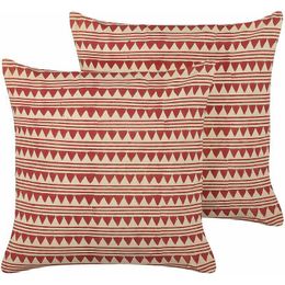 Beliani Dekokissen 2er Set Rot und Beige Baumwolle 45 x 45 cm Bezug mit Füllung Reißverschluss Geometrisches Muster Boho Wohnzimmer Schlafzimmer Deko - Rot