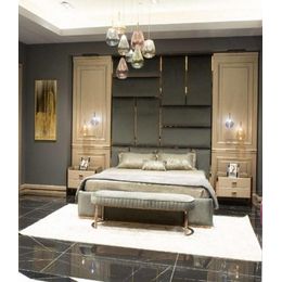 JVmoebel Schlafzimmer-Set Luxus Schlafzimmermöbel Doppelbett Bett Nachttische Bank Set 5tlg