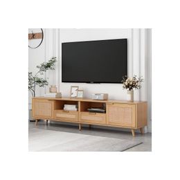 Odikalo TV-Schrank Holz-TV-Ständer mit Echtholzfüßen Rattandesign 200*37*49cm Rot/Natur