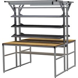 bedrunka hirth workalu® Aluminium-Werkbank mit Systemaufbau, doppelseitig, 6 Fachböden, 1 Kabelwanne, 2 Arbeitsplatzleuchten, Plattenbreite 1750 mm