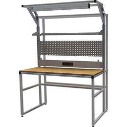 bedrunka hirth workalu® Aluminium-Werkbank mit Systemaufbau, einseitig, Lochwand, Energieleiste, Arbeitsplatzleuchte, Plattenbreite 1500 mm