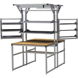 bedrunka hirth workalu® Aluminium-Werkbank mit Systemaufbau, doppelseitig, 4 Fachböden, 2 Schwenkrahmen, 1 Kabelwanne, 2 Arbeitsplatzleuchten, Plattenbreite 1250 mm