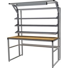 bedrunka hirth workalu® Aluminium-Werkbank mit Systemaufbau, einseitig, 3 Fachböden und Arbeitsplatzleuchte, Plattenbreite 1750 mm