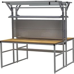 bedrunka hirth workalu® Aluminium-Werkbank mit Systemaufbau, doppelseitig, 2 Fachböden, 4 Lochwände, 1 Kabelwanne, 2 Arbeitsplatzleuchten, Plattenbreite 1950 mm