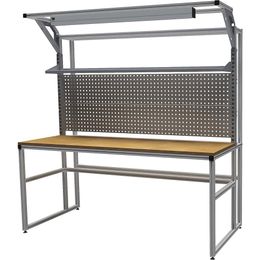 bedrunka hirth workalu® Aluminium-Werkbank mit Systemaufbau, einseitig, 1 Fachboden, 2 Lochwände, Arbeitsplatzleuchte, Plattenbreite 1950 mm