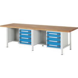 eurokraft pro Werkbank, Gestellbauweise Serie 8000, 8 Schubladen: 4 x 120, 4 x 150 mm, extrabreit, BxT 3000 x 900 mm