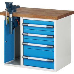 eurokraft pro Werkbank, Baukastensystem Serie 7000, 4 Schubladen, 1 Schraubstock linksseitig, BxT 1000 x 700 mm