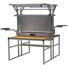 bedrunka hirth workalu® Aluminium-Werkbank mit Systemaufbau, doppelseitig, Energieleiste, Lochwand, Magnetwand, 2 Schwenkarme, 2 Arbeitsplatzleuchten, Plattenbreite 1500 mm