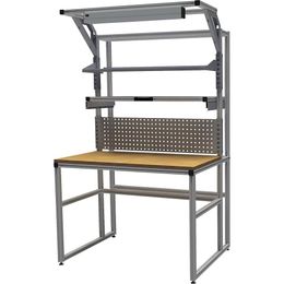 bedrunka hirth workalu® Aluminium-Werkbank mit Systemaufbau, einseitig, Lochwand und Arbeitsplatzleuchte, Plattenbreite 1250 mm