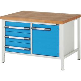 eurokraft pro Werkbank, Gestellbauweise Serie 8000, 3 Schubladen 180 mm, 1 Tür 540 mm, BxT 1250 x 700 mm