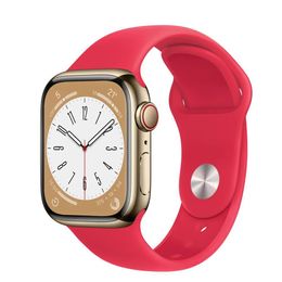 Apple Watch (Series 7) 2021 GPS 45 mm - Rostfreier Stahl Gold - Sportarmband Rot