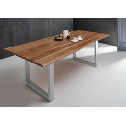 Esstisch Baumkante massiv Akazie natur 240 x 100 U-Gestell silber MILO