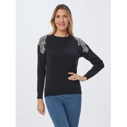 Sarah Kern Strickpullover Sweater koerpernah mit Verzierung an den Schultern, schwarz, 46/48