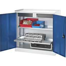 eurokraft pro Werkzeug- und Beistellschrank, 2 Schubladen, 2 Fachböden durchgehend, Türen enzianblau