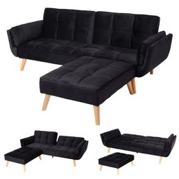 Schlafsofa MCW-K18 mit Ottomane, Couch Sofa G&auml;stebett, Schlaffunktion 218x175cm ~ Samt schwarz
