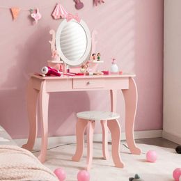 Goplus - Schminktisch Set, Schminktisch und Hocker Set mit Spiegel Schublade, Schmetterlings Kosmetiktisch in rosa für Kinderzimmer Schlafzimmer, für
