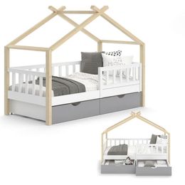Kinderbett Design" 160x80 cm Weiß/Natur mit Schubladen und Rausfallschutz Vitalispa