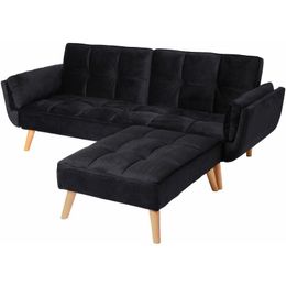 Schlafsofa HHG 546 mit Ottomane, Couch Sofa Gästebett, Schlaffunktion 218x175cm Samt schwarz - black