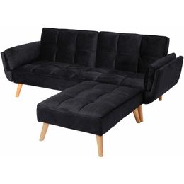 Schlafsofa HHG 546 mit Ottomane, Couch Sofa Gästebett, Schlaffunktion 218x175cm Samt schwarz