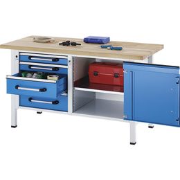 eurokraft pro Werkbank, Gestellbauweise, Breite 1500 mm, 4 Schubladen, 1 Tür, lichtblau, Buche massiv