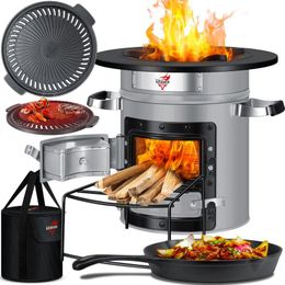 Kesser - Raketenofen Inkl. Grillpfanne aus Gusseisen mit Tragetasche Dutch Oven bbq Rakete Holzofen Camping Campingkocher Campinggrill Edelstahl Grau