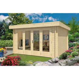 Alpholz Gartenhaus Java-44 b iso mit großer Falttür Gartenhaus aus Holz, Holzhaus mit 44 mm Wandstärke fsc zertifiziert, Blockbohlenhaus mit Montagematerial