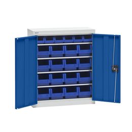 eurokraft pro Materialschrank mit Lagerkästen, Höhe 780 mm, 4 Fachböden, lichtgrau / enzianblau