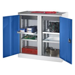 eurokraft pro Werkzeug- und Beistellschrank, 2 Schubladen, 4 Fachböden, 1 Mitteltrennwand, Türen enzianblau