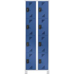 eurokraft pro 4er-Schließfachschrank Bremen, 2 Abteile, lichtgrau / brillantblau, Breite 800 mm, 8 Fächer