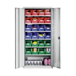 eurokraft pro Materialschrank aus Stahlblech, mit 24 Sichtlagerkästen, lichtgrau RAL 7035