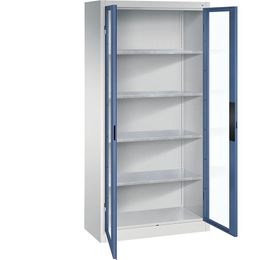 C+P Sichtfenster-Flügeltürschrank, HxBxT 1950 x 930 x 400 mm, 4 Fachböden, lichtgrau / fernblau