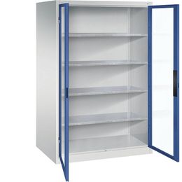 C+P Sichtfenster-Flügeltürschrank, HxBxT 1950 x 1200 x 800 mm, 4 Fachböden, lichtgrau / enzianblau