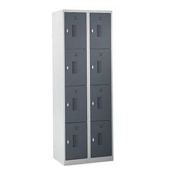eurokraft basic 4er-Schließfachschrank Amsterdam, 2 Abteile, lichtgrau / basaltgrau, B 600 mm, 8 Fächer, Drehriegel