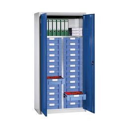 eurokraft pro Material- und Schubladenschrank, 1 Fachboden, 26 Schubladen, lichtgrau RAL 7035 / enzianblau RAL 5010