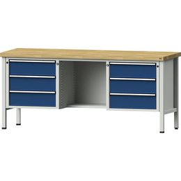 ANKE Werkbank, Gestellbauweise Serie V, 6 Schubladen, ½ Ablageboden, Höhe 890 mm, Buche massiv