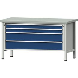 ANKE Werkbank mit XL/XXL-Schubladen, Gestellbauweise, Breite 1500 mm, 4 Schubladen, Stahlblechbelagplatte, Front enzianblau