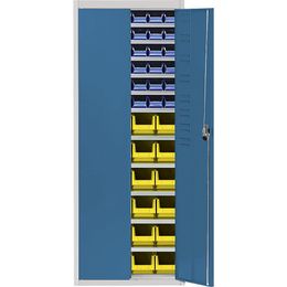 Mauser Magazinschrank mit Sichtlagerkästen, HxBxT 1740 x 680 x 280 mm, zweifarbig, Korpus grau, Türen blau, 60 Kästen