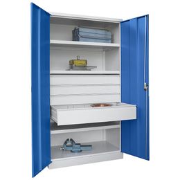 Pavoy Schwerlastschrank, Höhe 1950 mm, 3 Fachböden, 4 Schubladen, grau / blau