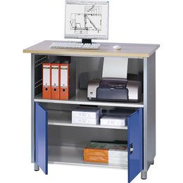 Rau PC-Tisch, mit durchgehendem Fachboden, anthrazit-metallic / enzianblau RAL 5010