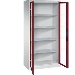 C+P Sichtfenster-Flügeltürschrank, HxBxT 1950 x 930 x 500 mm, 4 Fachböden, lichtgrau / rubinrot