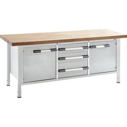 eurokraft pro Höhenverstellbare Werkbank, Gestellbauweise, Breite 2000 mm, 3 Schubladen, 2 Türen, grau