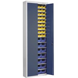 Mauser Magazinschrank mit Sichtlagerkästen, HxBxT 2150 x 680 x 280 mm, zweifarbig, Korpus grau, Türen blau, 82 Kästen