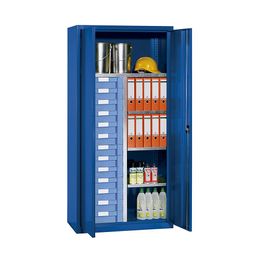 eurokraft pro Material- und Schubladenschrank, 4 Fachböden, 13 Schubladen, enzianblau RAL 5010